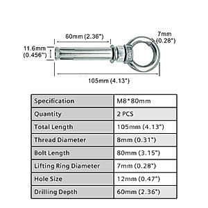 M8x80mm Ring Lifting Expansion Anchor Eyebolt 2 Pack Expansion Bolts Ceiling Hook Heavy Duty Bolts Anchor Fastener 304 Stainless Steel for Concrete Brick Wall
