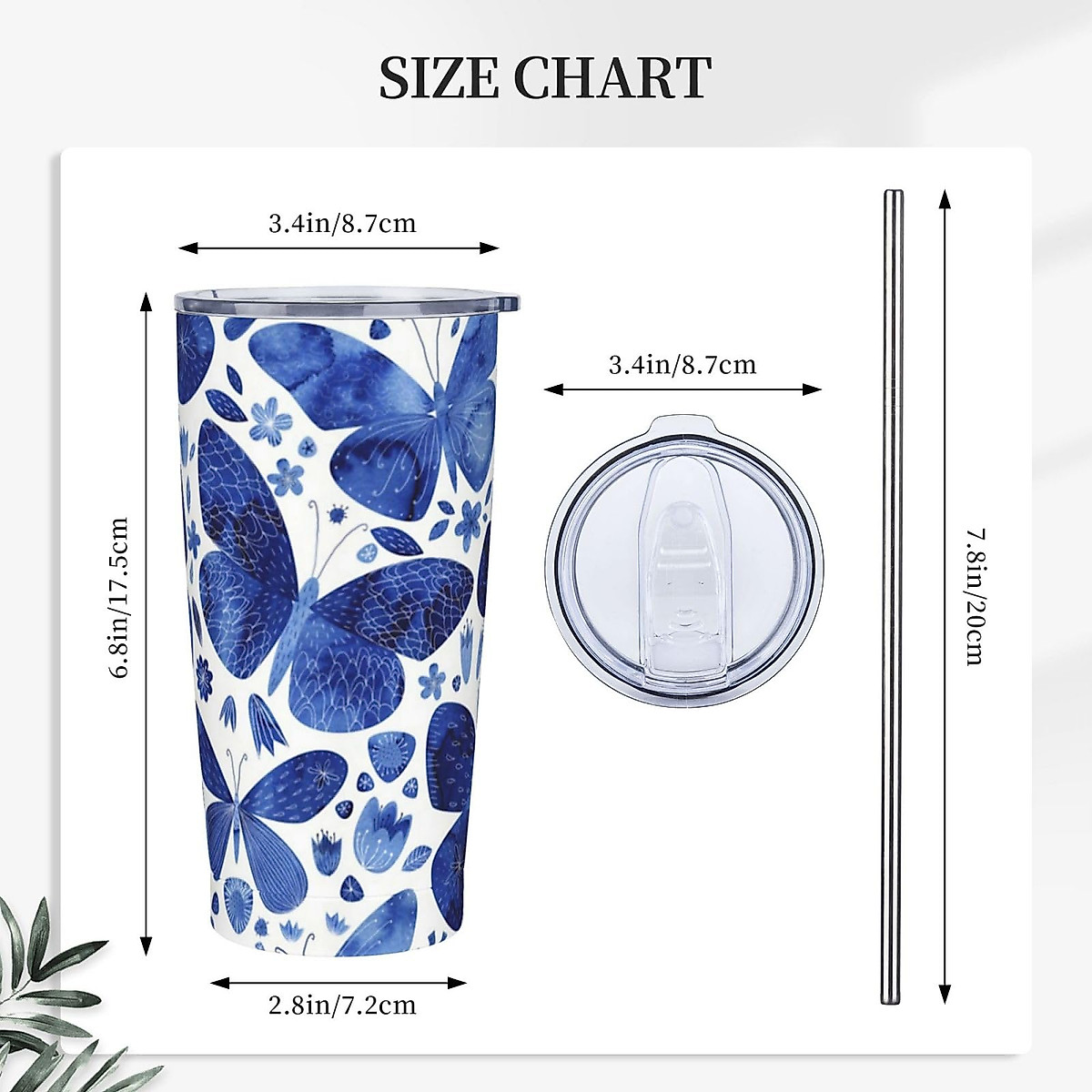 EVANEM 20 Oz Stainless Steel Tumbler With Straw Cleaner Blue Butterflies Printed Insulated Cup Travel Coffee Mug Vacuum Insulated Tumblers For Home Office