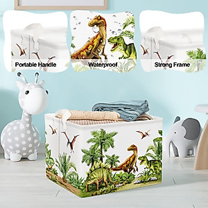Clastyle 36L Large Green Forest Dinosaur Palm Tree Shelf Basket with Handle Collapsible Rectangle Toy Clothes Cube Storage Basket for Kids Room Nursery