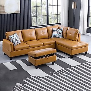 NOTOP 3-Piece Faux Leather L-Shaped Sectional Sofas, Button Tufted Upholstered Couch Set with Right Chaise Longue and Storage Ottoman, for Living Room, Home, Office, Ginger