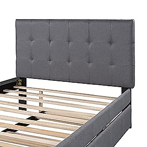 GLORHOME Full Size Upholstered Platform Bed with Headboard and Trundle,Wood Slat Support, Space Saving Furniture for Bedroom, Grey1