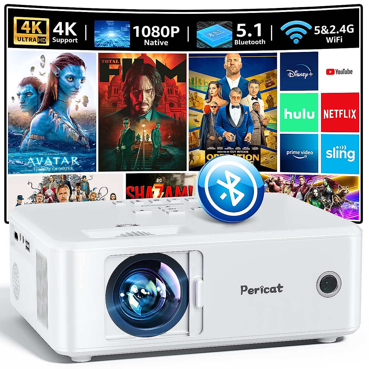 Projector with WiFi and Bluetooth, 5G WiFi Native 1080P Movie Projector, 9800L 4K Supported Portable Outdoor Projector, Pericat Home Theater Projector Compatible with TV Stick, Phone, Laptop