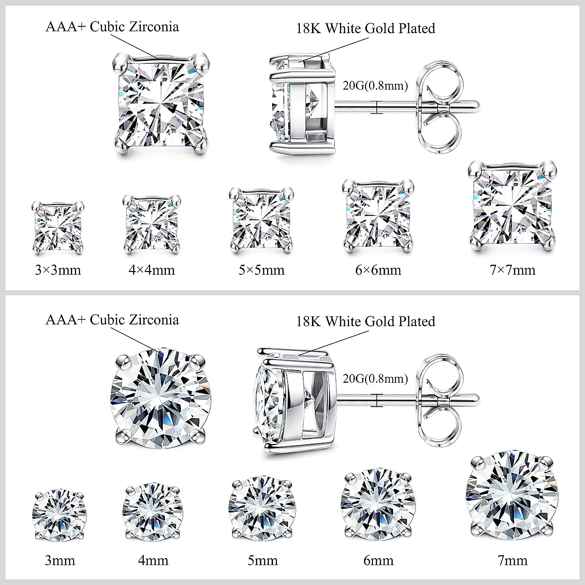 LOYALLOOK 12 Pairs 20G Stainless Steel Ear Stud Piercing Cubic Zirconia Barbell Stud Earring Set Screw Flat Back Earrings for Women (10Pairs Style4)