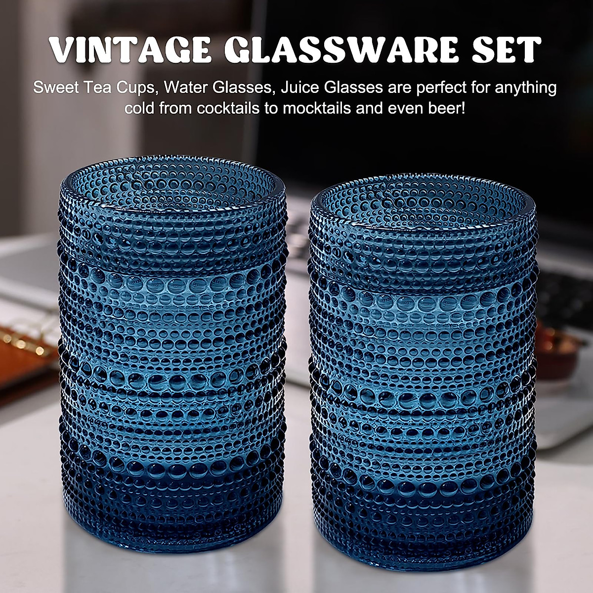 UPZAI Vintage Drinking Glasses Glassware: 15oz Water Cups Set of 6 - Thick Glass Vintage Hobnail Tumbler for Cocktail Whiskey Wine Beer Juice (6pcs Blue)