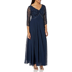 J Kara Women's 3/4 Sleeve V-Neck Beaded Top Long Gown, Navy/Mercury, 14