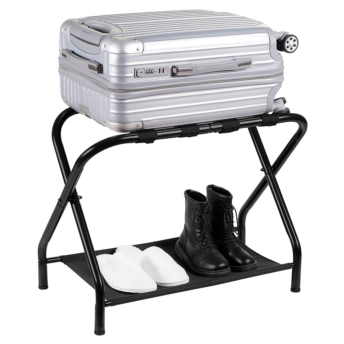 Heybly Luggage Rack,Pack of 2,Steel Folding Suitcase Stand with Storage Shelf for Bedroom, Hotel, Foldable Steel Frame, Guest Room Bedroom Hotel, 26.2" L x 14.4" W x 20.5" H, Black,HLR004B2