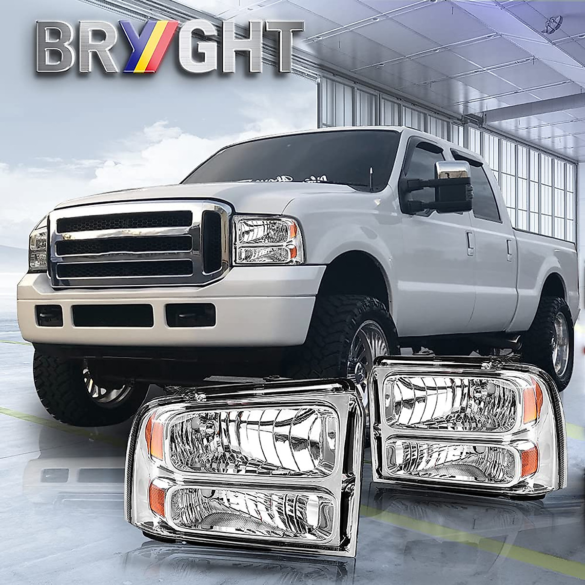 BRYGHT Headlight Assembly Fit for 2005 to 2007 Ford F250 F350 F450 F550 Super Duty / 2005 Ford Excursion Driver and Passenger Side