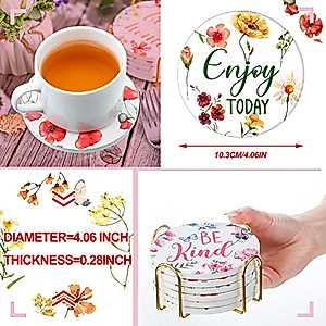 Ceramic Coasters with Holder, Sets of 6 Floral Coasters, Wildflower Ceramic Drink Coaster, Suitable for Kinds of Cups, Wooden Table Decoration, Spring Summer Home Decor, Tabletop Protection 4 Inches