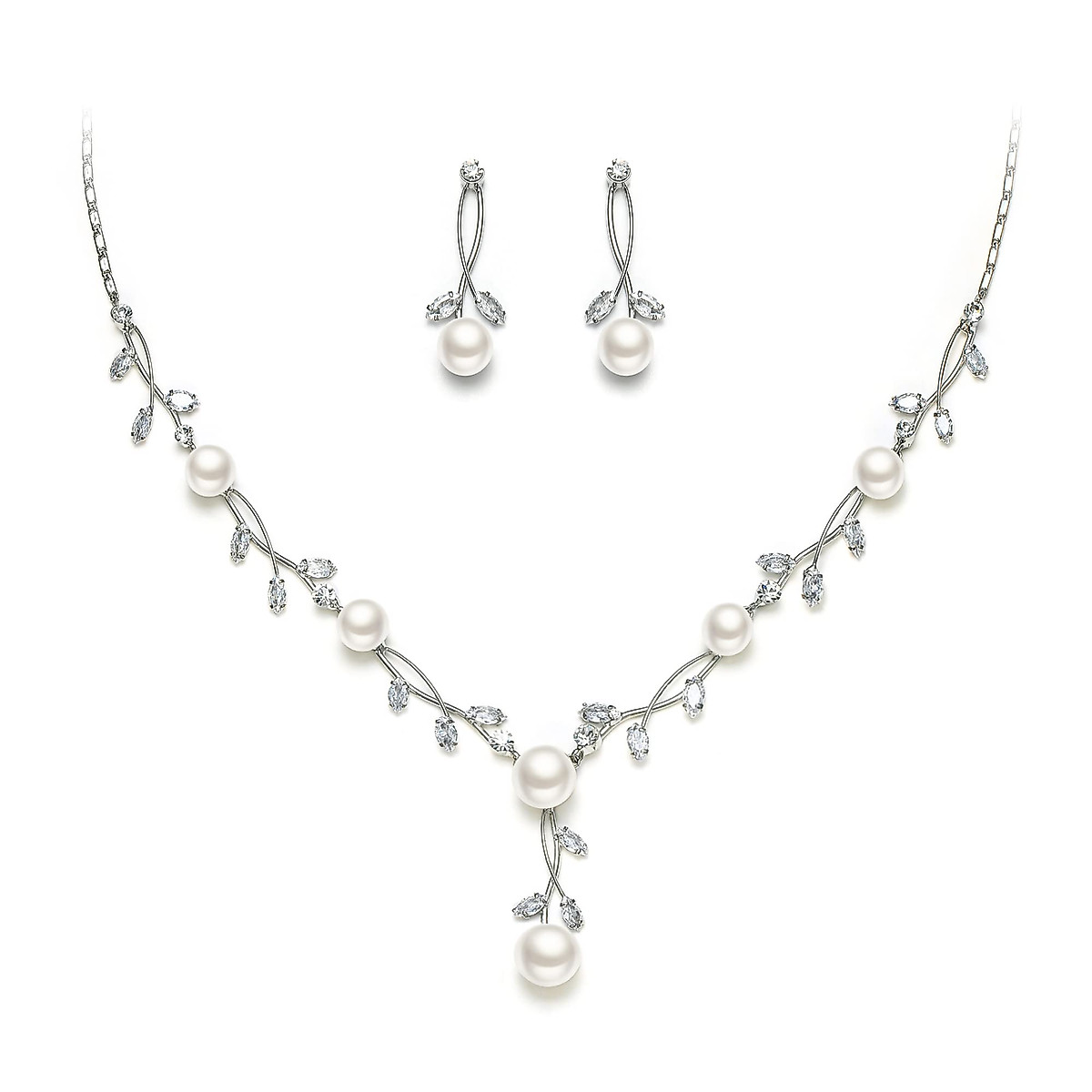 EVER FAITH CZ Crystal Cream Simulated Pearl Floral Vine Filigree Necklace Earrings Set Clear Silver-Tone