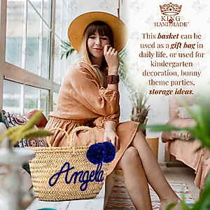 Personalized Easter Basket - Handmade Bunny Baskets with Custom Name, Cute Rabbit and Colorful Pompoms for Kids - Perfect for Easter Egg Hunt, Storage Candies, Spring Birthdays and Baby Showers