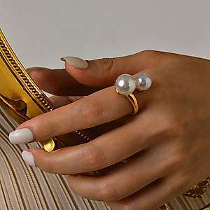 Double Simulated Pearl Wrap Ring: Gold Plated Stainless Steel Large Statement Ring for Women, Size 7