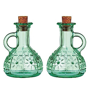 Bormioli Rocco Set Of 2 Country Home Olivia Oil Bottle, 7-ounce Cruet With All Natural Cork Lid, Blue-green Tinted Star Glass, Elegant And Floral Design, Made In Italy.