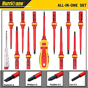 HURRICANE 1000V Insulated Electrician Screwdriver Set, All-in-One Premium Professional 13-Pieces CR-V Magnetic Phillips Slotted Pozidriv Torx Screwdriver