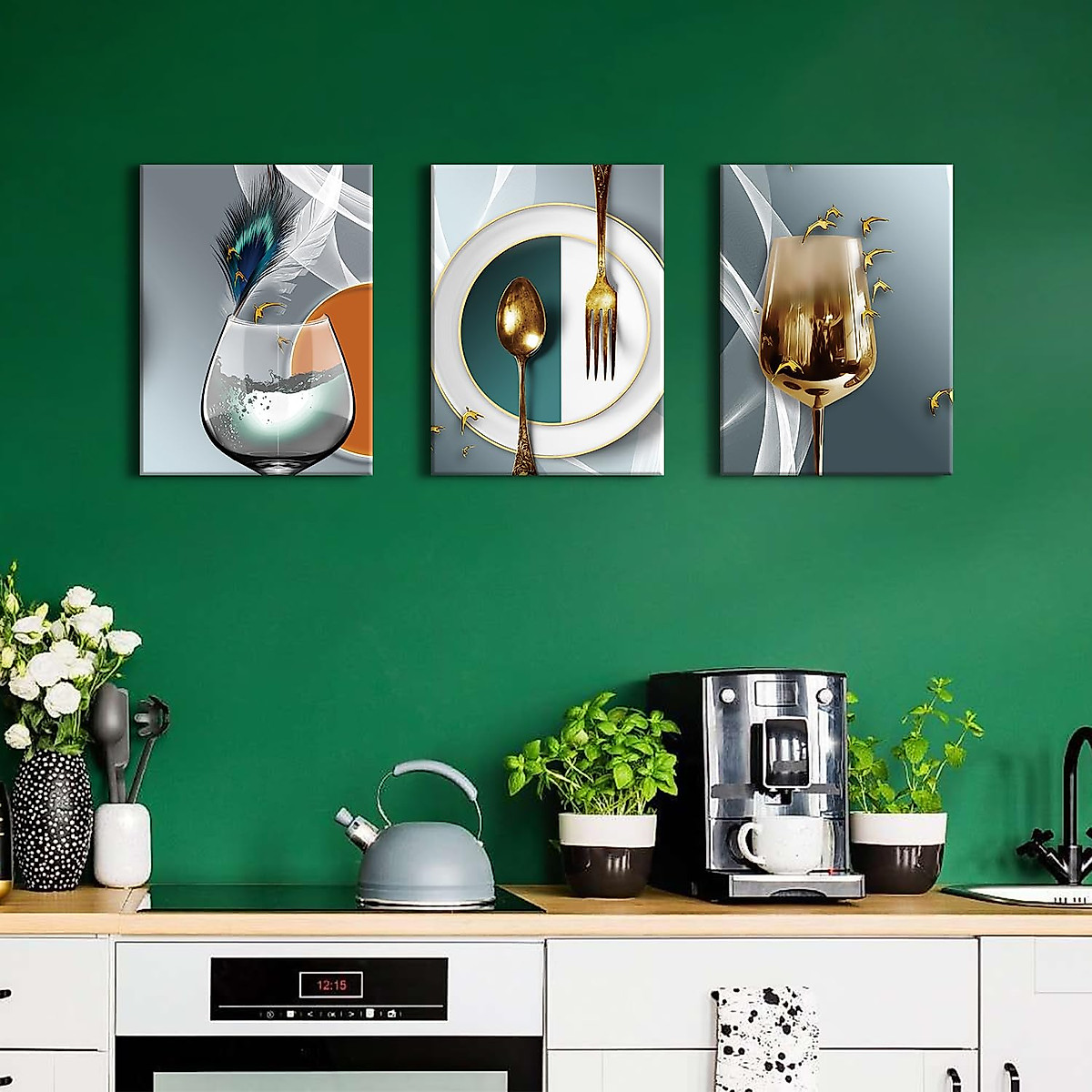 Canvas Wall Art for Dining Room Kitchen Wall Decor Teal Gold Wine Glass Pictures Abstract Wine Cups Paintings Geometric Kitchenware Posters Modern Home Decorations Family Bar Pub Artwork 12x16" 3 Pcs