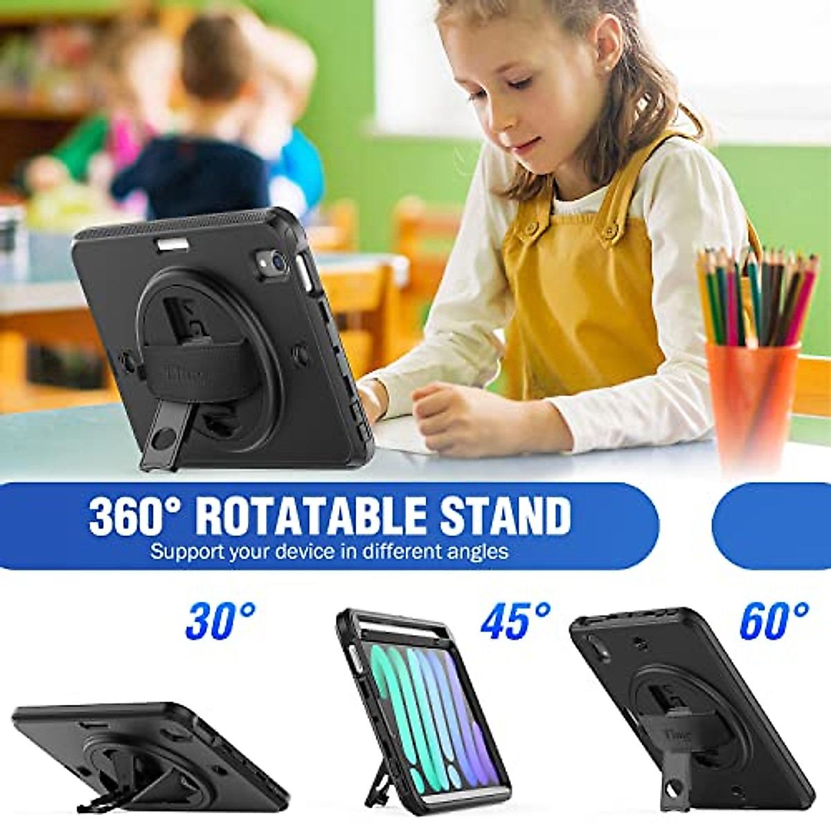 Timecity iPad Mini 6 Case, iPad Mini 6th Generation Case (8.3 inch) 2021 Released: with Strong Protection, Screen Protector, Hand Strap, Shoulder Strap, 360° Rotating Stand, Pencil Holder - Black