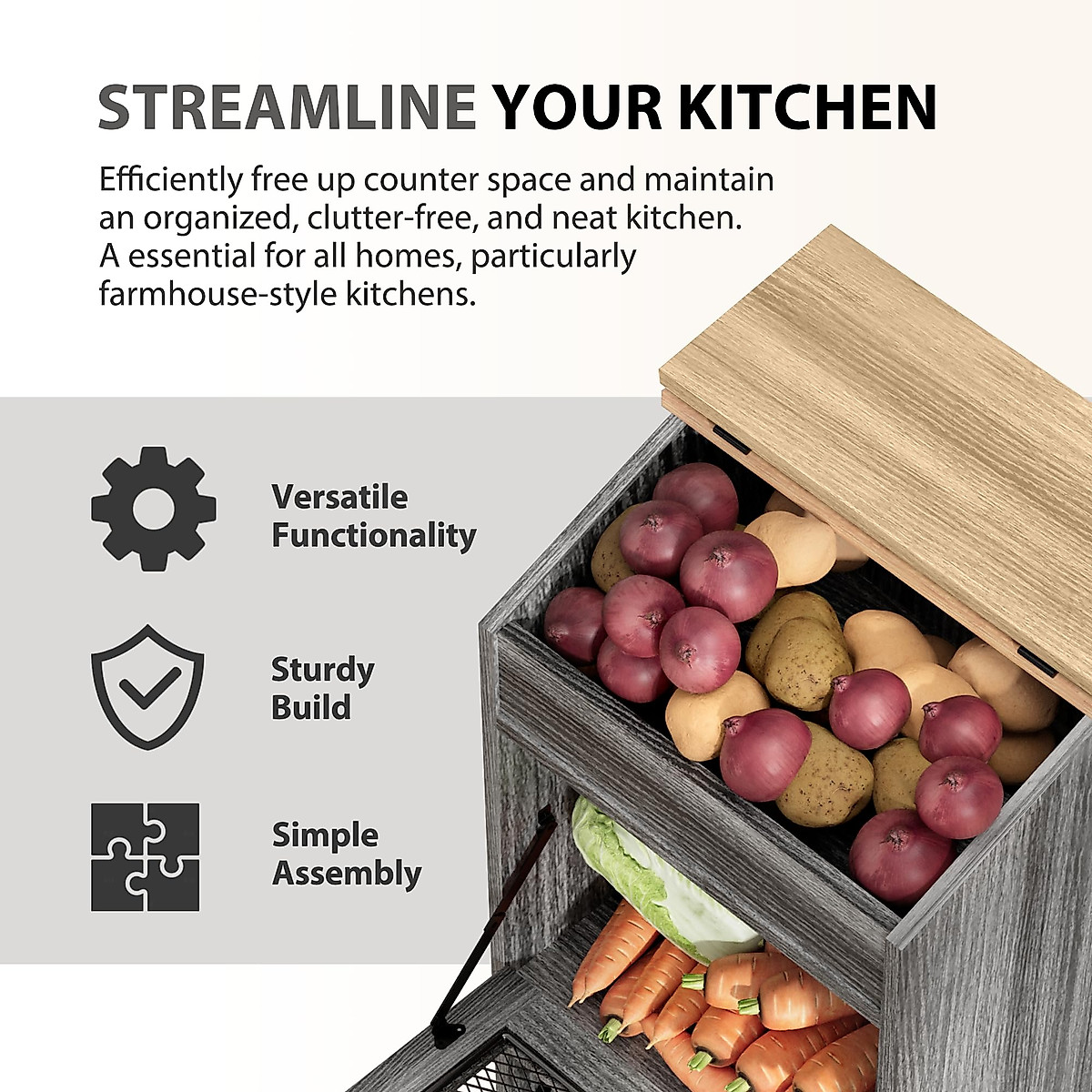 ONG Potato Storage Bins Sets of 2, Wooden Potato Bin Double Bread Storage, Decorative Potato and Onion Storage Bin Set 2, Wood Box with Grocery Section, Wooden Vegetable Storage with Lid,Grey