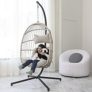 OUTPLATIO Hanging Chair with Stand for Outdoor Indoor with Cushion Swing Chairs for Outside Bedroom Patio Porch Garden Rattan Wicker Hanging Egg Chair Basket Chair 350 lbs Capacity (Beige)