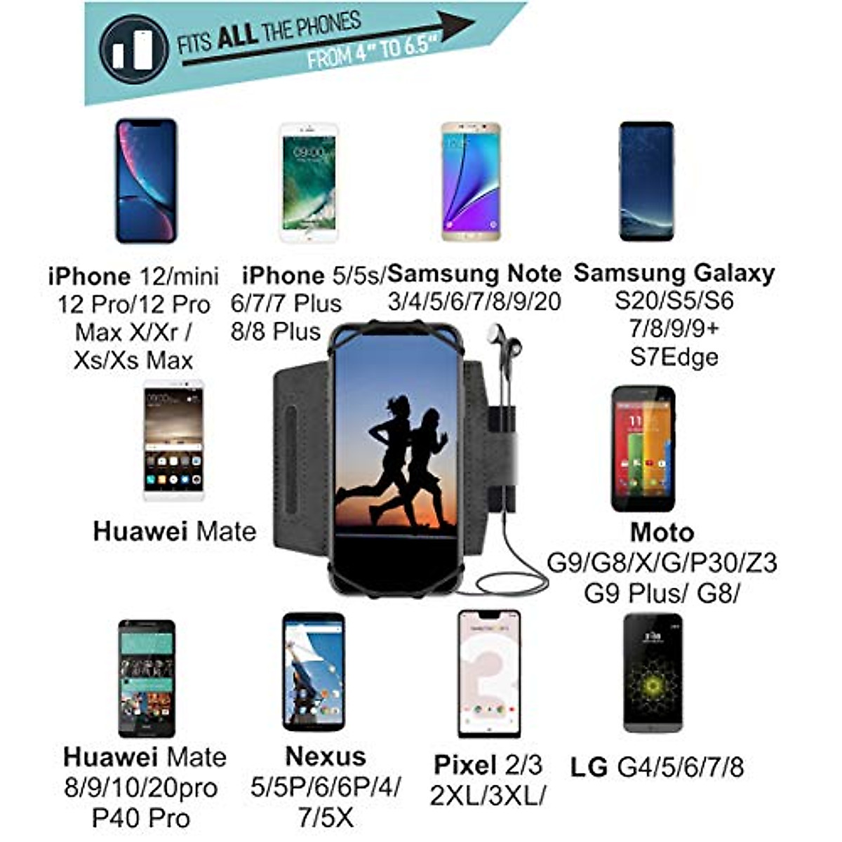 360° Rotatable Premium Sports Running Armband for All Phones: iPhone 13 Pro Max, 12, 11, X, XR, 8, Samsung Galaxy S21 S20 S10 S9 Edge, LG, HTC, Pixel; Universal Cellphone Holder + Free Extender Strap