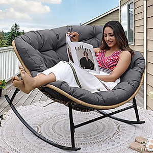 NICESOUL® Indoor Outdoor Rocking Chair with Cushion, Oversized Patio Papasan Rocking Chair, Water Resistant Egg Royal Rocking Chair Grey, 450Lbs Sturdy Comfy Recliner Large Lounging Chair