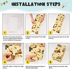 WERNNSAI Construction Wrapping Paper Rolls - 3 Short Rolls Birthday Wrapping Paper Rolls Kids Boys Wrapping Paper Rolls Trucks Wrapping Paper Blue Yellow White Gift Wrapping Paper with Cut Lines 17 in x 10 ft