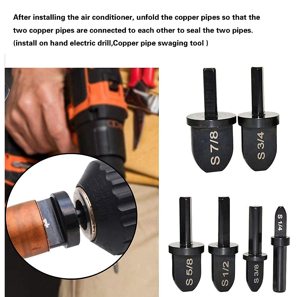 Rowzzi Swaging Tool Drill Bit Set, HVAC Tools, 6pcs Professional Manual Copper Pipe Swage Tool Drill Bit Triangular Handle, Repairing Set Include 7/8'', 3/4'', 5/8'', 1/2'', 3/8'', 1/4'' Bits