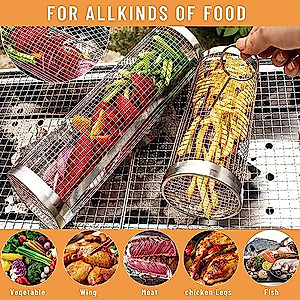 Rolling Grilling Baskets for Outdoor Grilling - Perfect BBQ Net for Veggies,Fries,Fish,Meats - 2PCS Cylindrical Stainless Steel Grilling Mesh for Outdoor BBQ Cooking/Camping/Picnic(8.2 Inch-High)