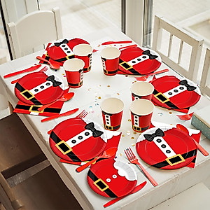 Kepeel 168 Pcs Santa Christmas Party Decorations, Santa Claus Suit Party Paper Plates Napkins Cups, Plastic Forks Knives Spoons Supplies for Winter Holiday Merry Christmas Party Disposable Tableware