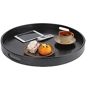 HofferRuffer Extra Large Round Serving Tray, Elegant Faux Leather Circle Ottoman Table Tray with Handles, Serve Tea, Coffee or Breakfast in Bed, Diameter 23.6 x 2.4 inches Height (Black)