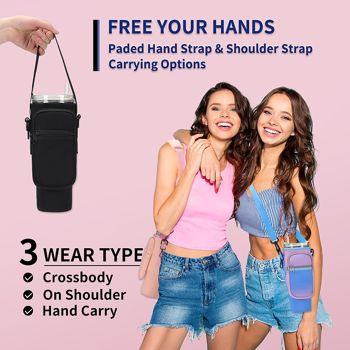 GOEWY Water Bottle Carrier Bag for Stanley 40 oz Tumbler with Phone Pocket Neoprene Water Bottle Holder with Shoulder & Handheld Strap Stanley Cup Accessories