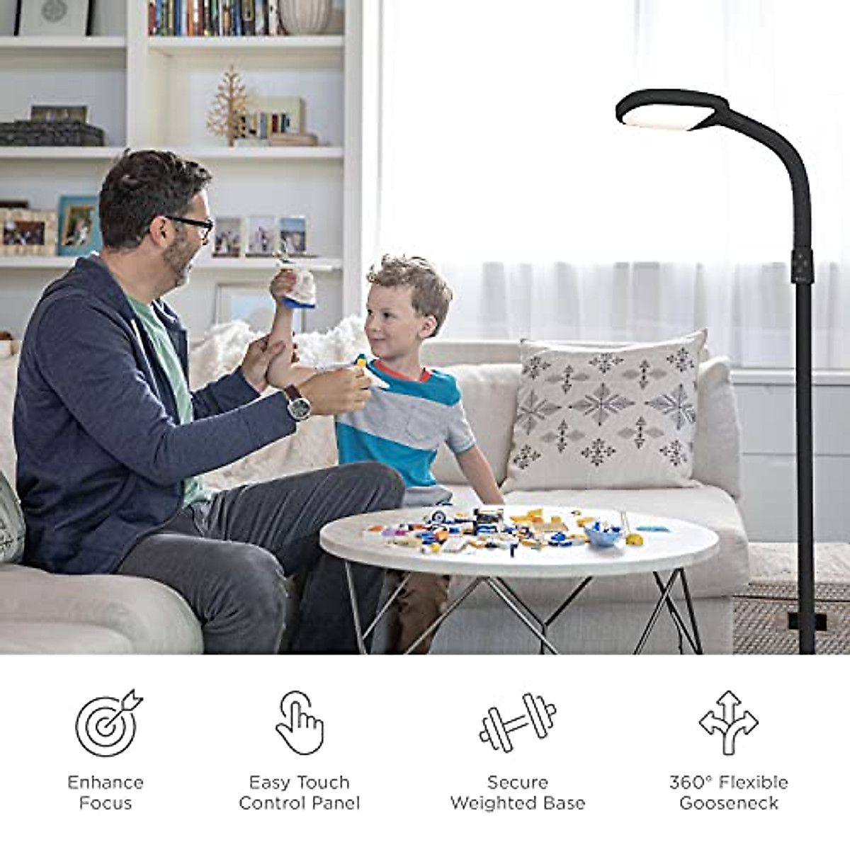 Verilux SmartLight Full Spectrum LED Modern Floor Lamp with Adjustable Brightness, Flexible Gooseneck and Easy Controls - Reduces Eye Strain and Fatigue - Ideal for Reading, Artists, Craft (Black)