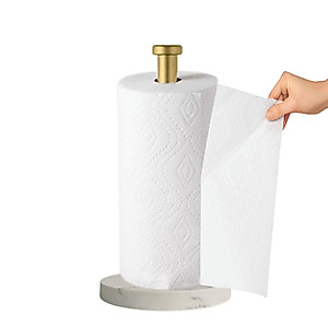 Paper Towel Holder Countertop, Standing Paper Towel Roll Holder for Kitchen Bathroom, with Weighted Marble Base for One-Handed Operation (Gold), Gold Paper Towel Holder, Marble Paper Towel Holder.…