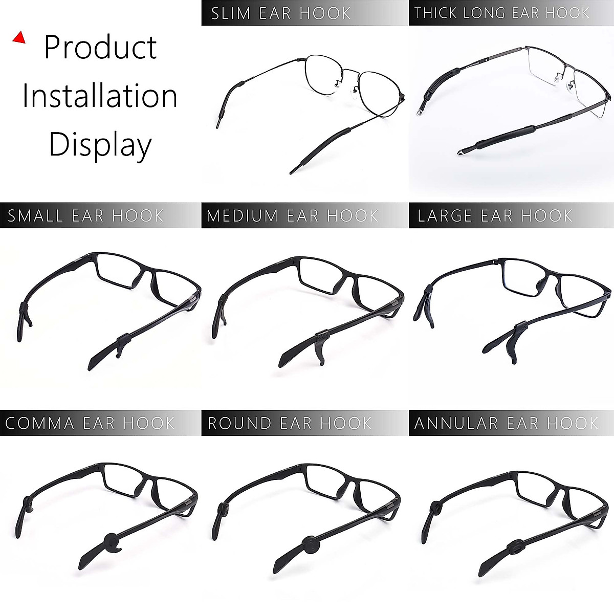 Glasses Ear Grip Eyeglass Ear Cushion Ear Hooks for Glasses Behind The Ear Keep Glasses from Slipping Temple Tips Sleeve Retainer Silicone Anti-Slip Holder Black and White (8 Types)