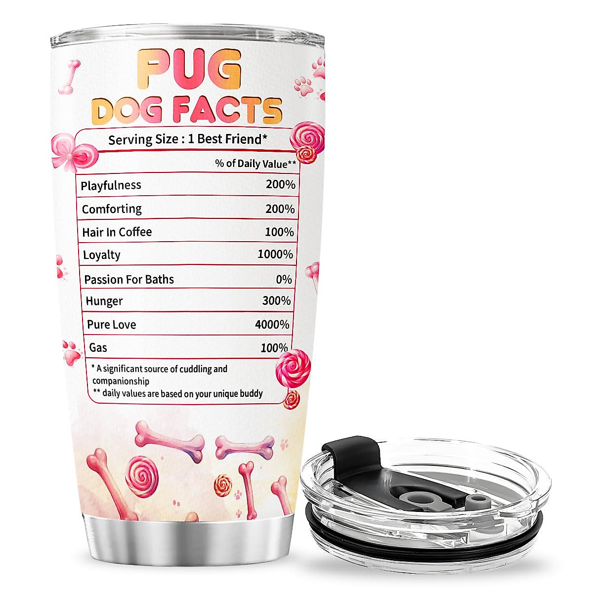 JENOIS Pug Dog Facts, Dog Mom Gifts, Women Mother Mama Handle Tumblers Best Mothers Insulated For Cups Coffee Funny Day, Tumbler 20 Oz With Lid And Straw