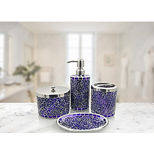 LushAccents Bathroom Accessory Set, 4-Piece Decorative Glass Bathroom Accessories Set, Soap Dispenser, Soap Tray, Jar, Toothbrush Holder, Elegant Seafoam Green Mosaic Glass