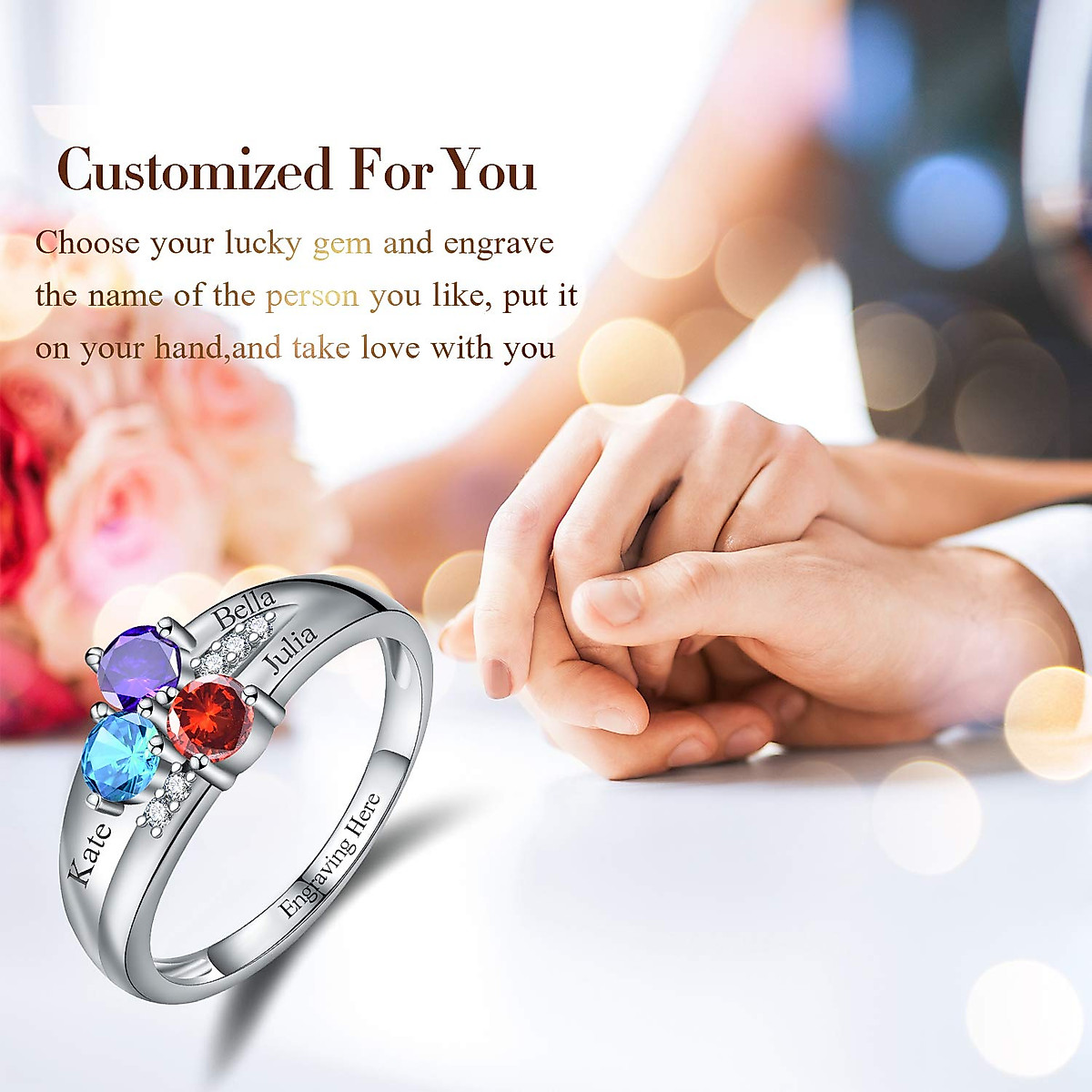 Madeone 925 Sterling Silver 14K Gold Plated Personalized Mother Rings Halo Gemstone Rings with 3 Birthstone 3 Names and 1 Engraving Customized Wedding Engagement Promise Rings for Women