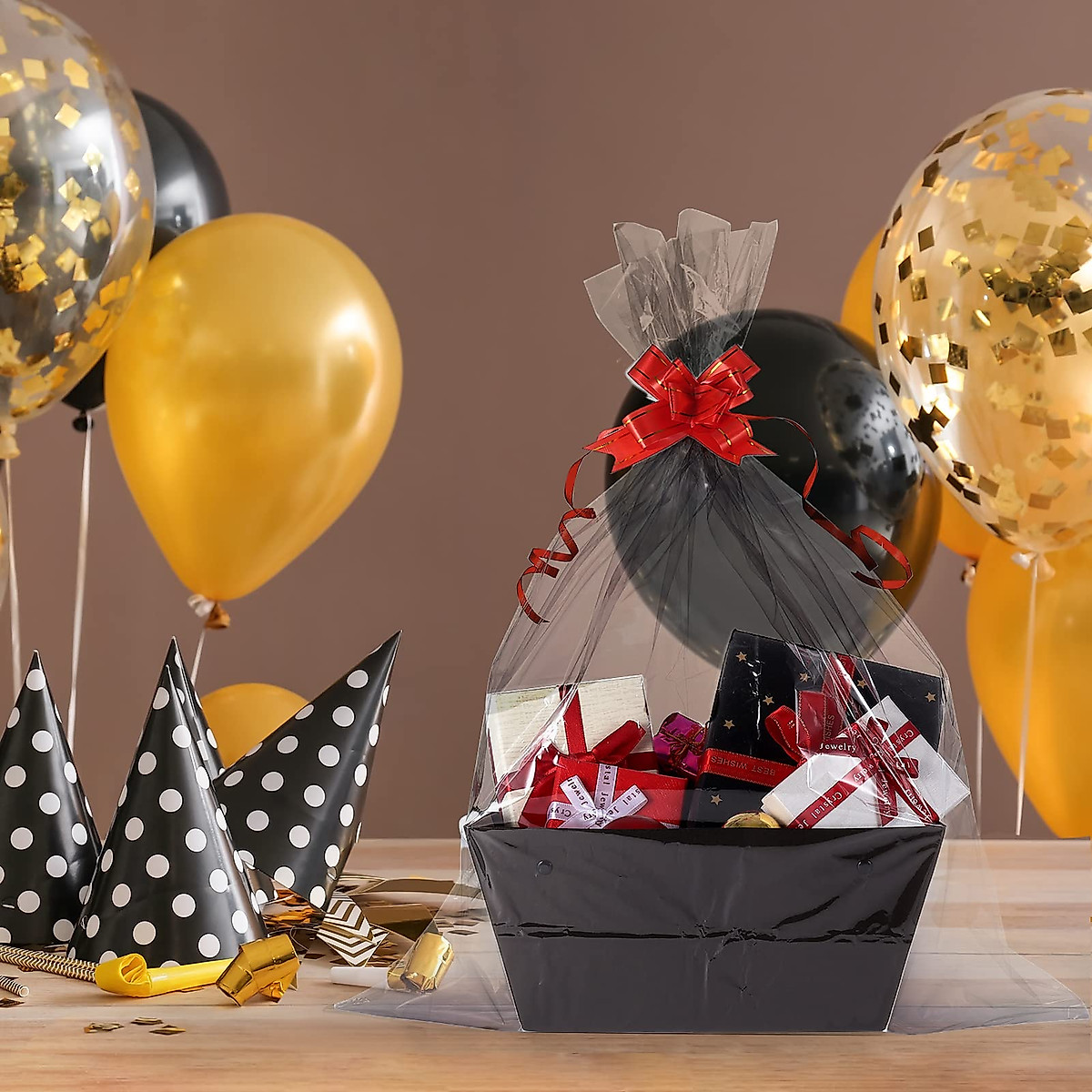 Aoibrloy Black Basket for Gifts Empty, 5 Pack Empty Gift Basket Kit With 5 Bags and 5 Bows, Gift Package Basket for Halloween, Birthday Party Gift Wrapping