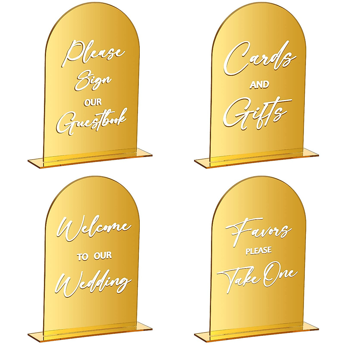 Woanger 4 Pcs Arch Acrylic Wedding Reception Signs with Stand Gold Gifts and Cards Sign with Holder Arched Round Top Welcome Wedding Signs 4 x 6 Acrylic Signs Please Sign Our Guest Book Sign for
