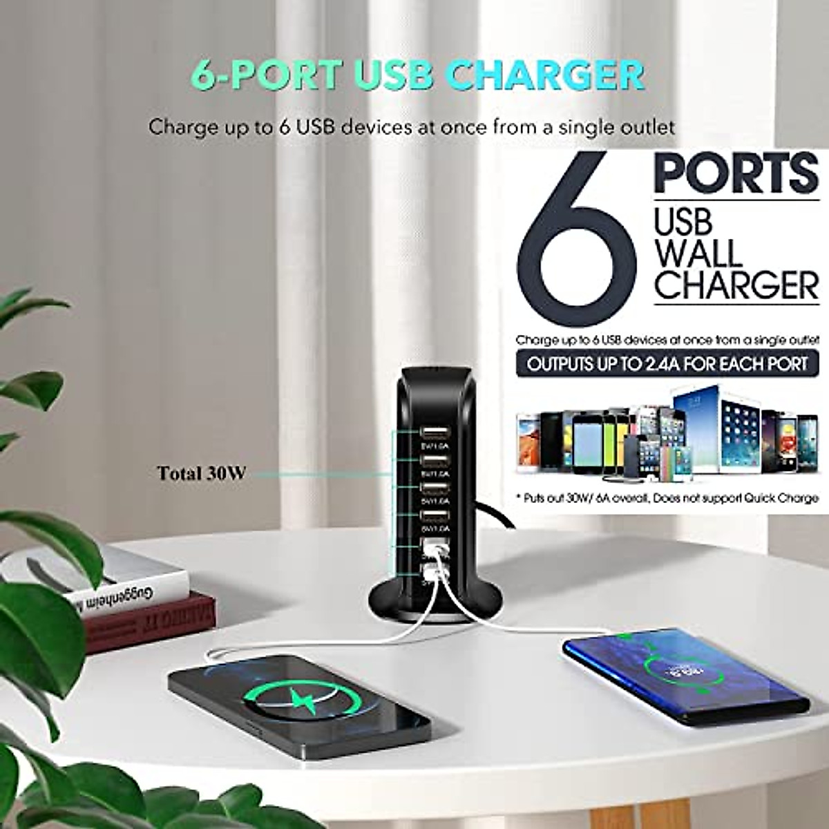 Charging Station for Multiple Devices, USB Charging Hub 30W 6 Port Fast Charging Station, Multiport Wall Charger Quick Charge 2.1A Tower Power Adapter