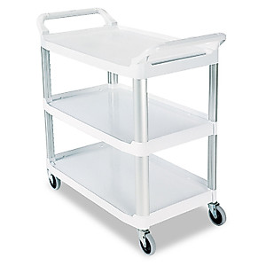 Rubbermaid Commercial Products Heavy Duty 3-Shelf Rolling Service/Utility/Push Cart, 300 lbs. Capacity, White, for Foodservice/Restaurant/Cleaning (FG409100OWHT)