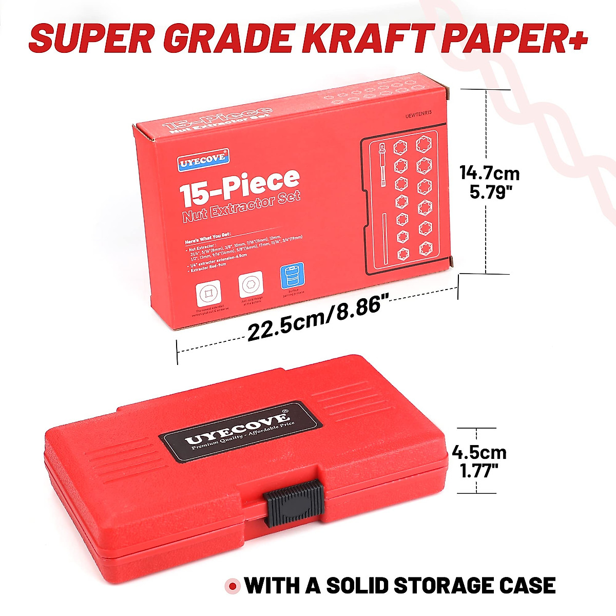 UYECOVE 15-Pcs Bolt Extractor Set, 3/8'' Drive Easy Out Bolt Extractor Set, Stripped Bolt Remover Nut Extractor Set for Damaged, Frozen, Rusted Sockets, Rounded-Off Bolts, Nuts & Screws