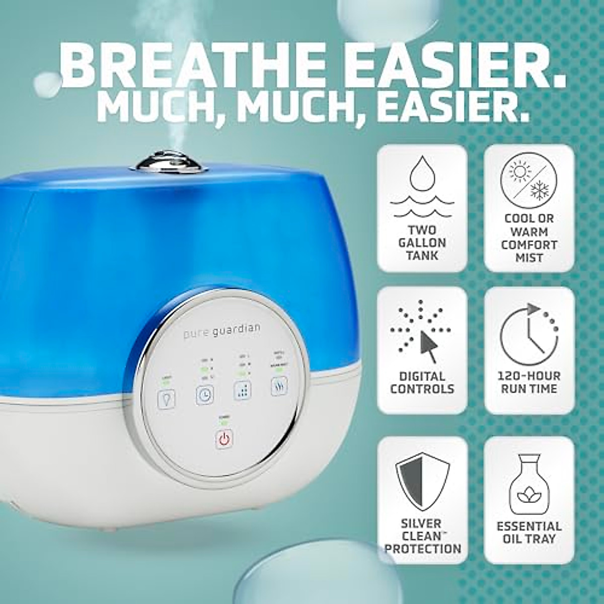 PureGuardian H4810AR Ultrasonic Warm and Cool Mist Humidifier for Bedrooms, Quiet, Filter-Free, 120 Hr, 2 Gal Treated Tank Surface Resists Mold, Pure Guardian Humidifier with Essential Oil Tray