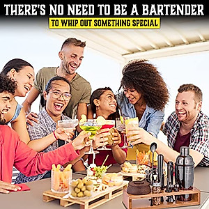 Bartender Kit with Whiskey Smoker - 13 pcs, Pine Stand - Bar Set with Cocktail Shaker, Bartending Kit with Essential Bar Accessory Tools, Wood Chips, Matte