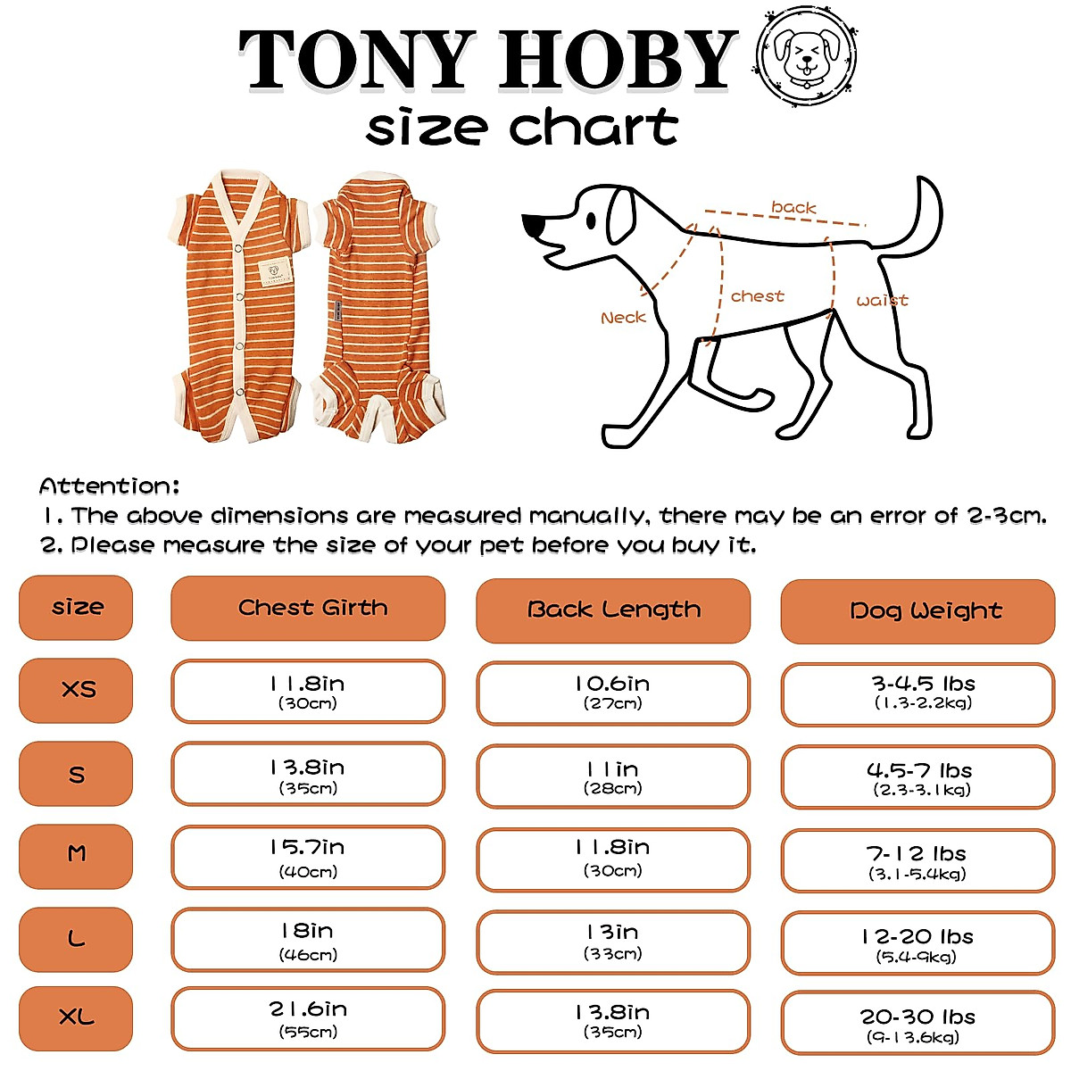 TONY HOBY Female Pet Dog Pajamas Stripes 4 Legged Dog pjs Jumpsuit Soft Cotton Dog Clothes (XL，Orange+White-Girls)
