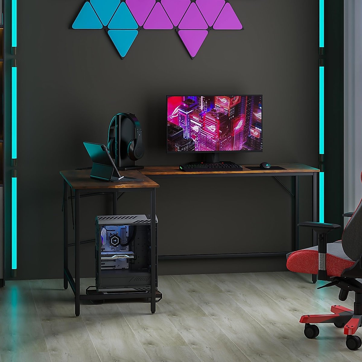 COSTWAY L-Shaped Desk with CPU Stand, 66 Inch Wooden Top Space-saving Corner Desk w/Metal Frame, Large Computer Gaming PC Desk, Writing Table Study Desk for Bedroom, Study, Office (Rustic Brown)