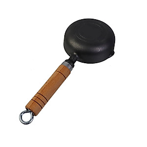 Geesatis 1 Pcs Mini Cast Iron Skillet Small Skillets Frying Pans, with Wok Support Ring for Oil, Baked Cookie, Eggs, Wooden Handles