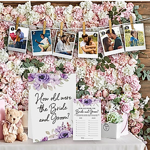 UHADRE Floral How Old were The Bride and Groom Game, Guess The Age Photo Game, Purple Bridal Shower Wedding Shower Game (1 Sign and 30 Cards)-BNG30