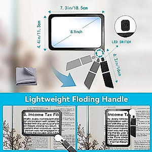 5X Magnifying Glass for Reading, Full-Page Large Rectangle Lighted Magnifier with Dimmable 48 LED Light, Folding Handheld Magnifiers Gifts for Macular Degeneration Seniors Reading Newspaper, Books