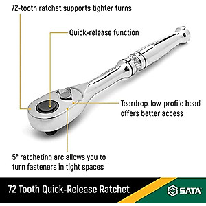 SATA 3/8-Inch Drive Quick-Release 72-Tooth Ratchet with an Teardrop Head, Full-Polished Chrome Finish - ST12971U