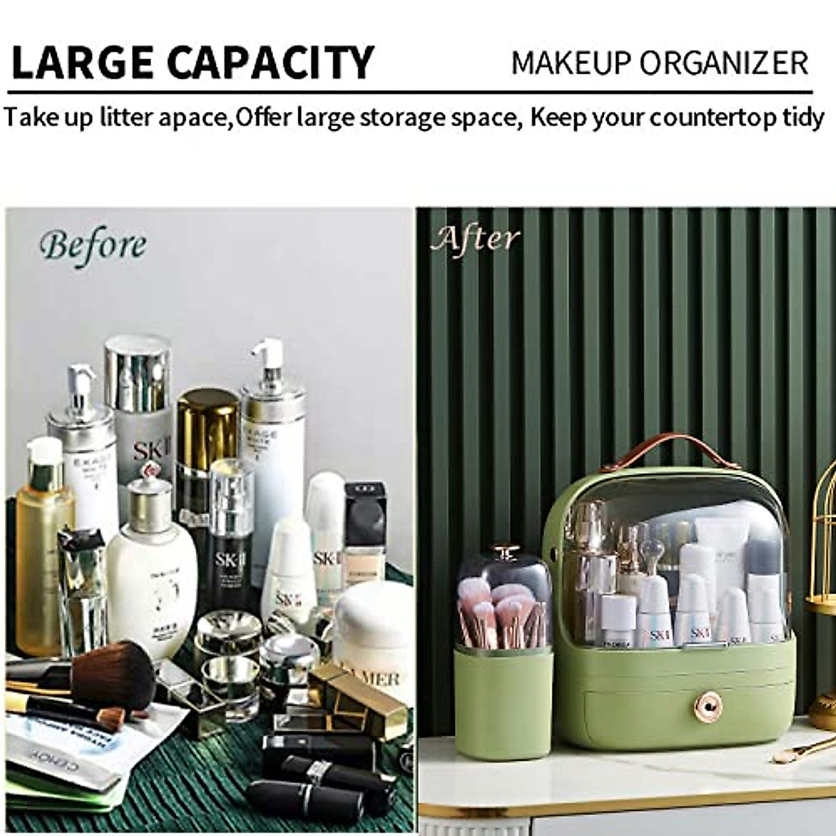 MIUOPUR Large Makeup Organizer with Brush Holder, Cosmetic Display Case with Drawer, Waterproof and Dustproof Transparent Cover, Portable Handle, Suitable for Bathroom and Bedroom -Green