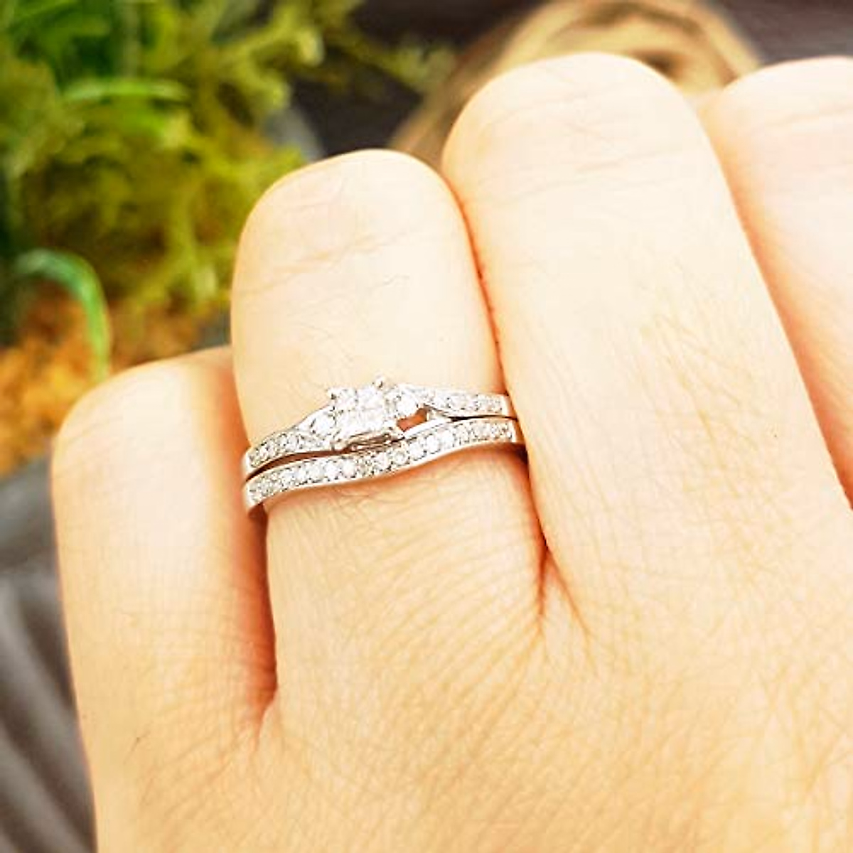 Dazzlingrock Collection 0.25 Carat (Cttw) 10k Princess & Round Diamond Women Promise Ring Set with 1/4 CT, White Gold, Size 7.5